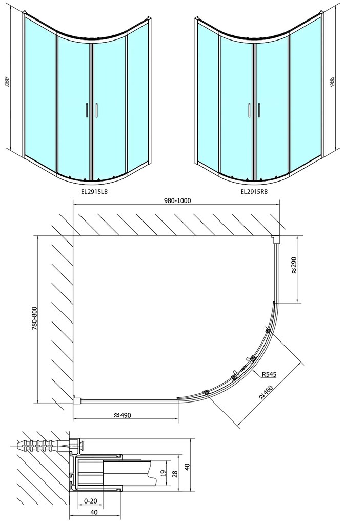 Polysan Polysan, EASY BLACK čtvrtkruhová sprchová zástěna 1000x800mm, L/R, čiré sklo, EL2915B