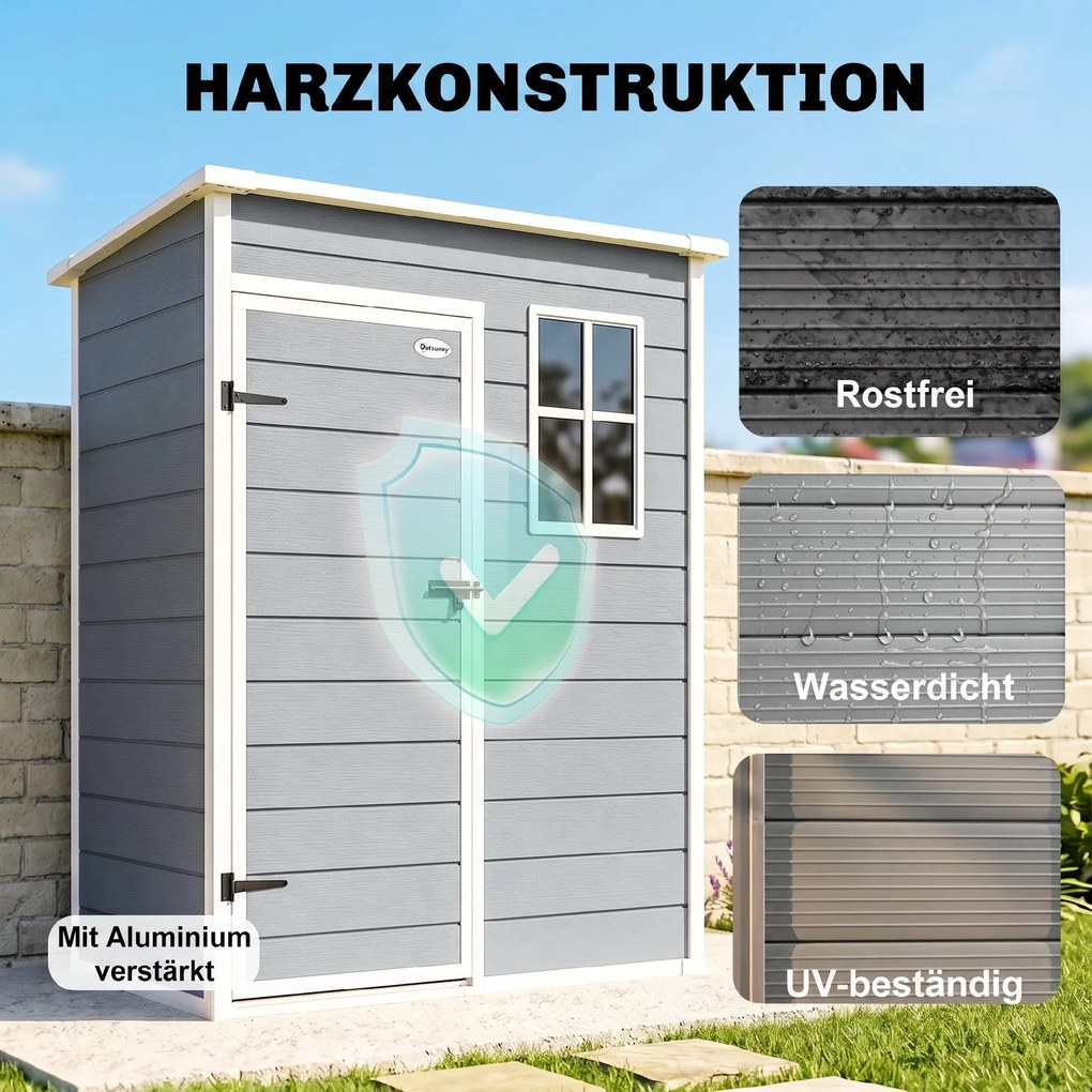 Zahradní kůlna Outsunny 1,14 m² - uzamykatelné dveře, ventilace a okno - rozměry 151D x 92Š x 193V cm - plast, šedá