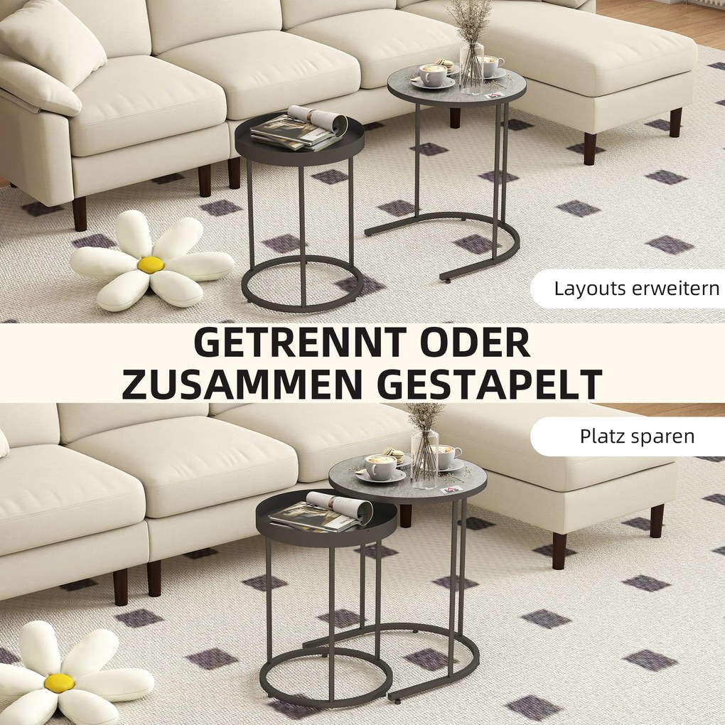 HOMCOM Sada 2 obývacích stolů, zasouvací, design podnosu, kov, šedá