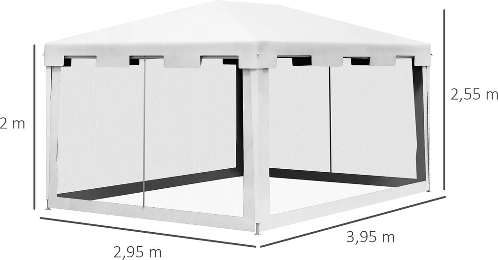 Outsunny altán party stan 4x3m zahradní altán s bočními stěnami ze síťoviny pro balkon terasu, stan z kovu a PE bílý | Aosom.de
