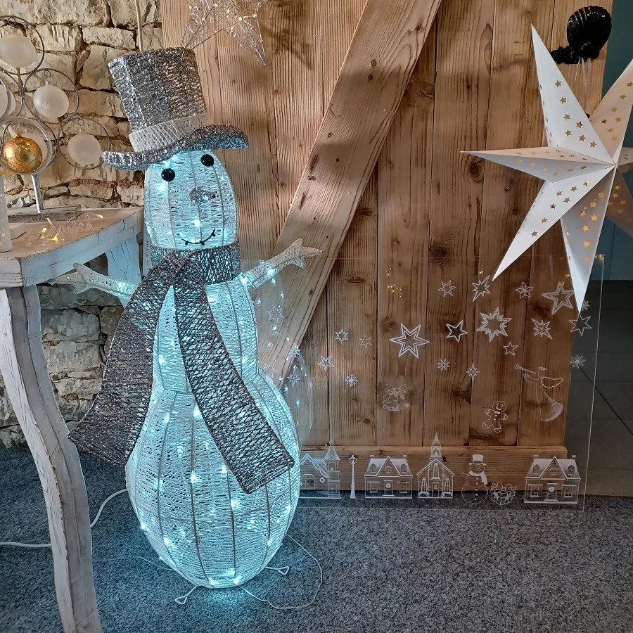 3D LED svítící sněhulák, 107 cm, ledově bílá s Flash, 120 LED, bílo stříbrný, IP44