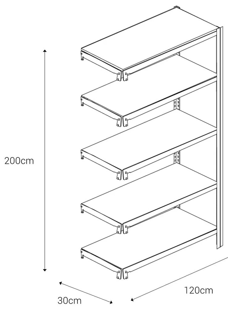 Bezšroubové kovové regál přídavný modul 200x120x30cm T profil, 5 polic