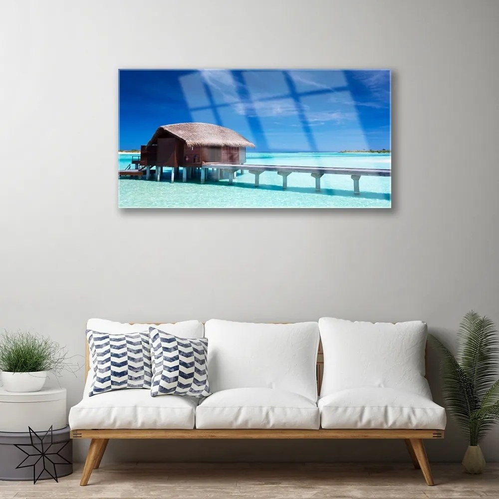 Obraz na skle Moře Pláž Dům Architektura 125x50 cm