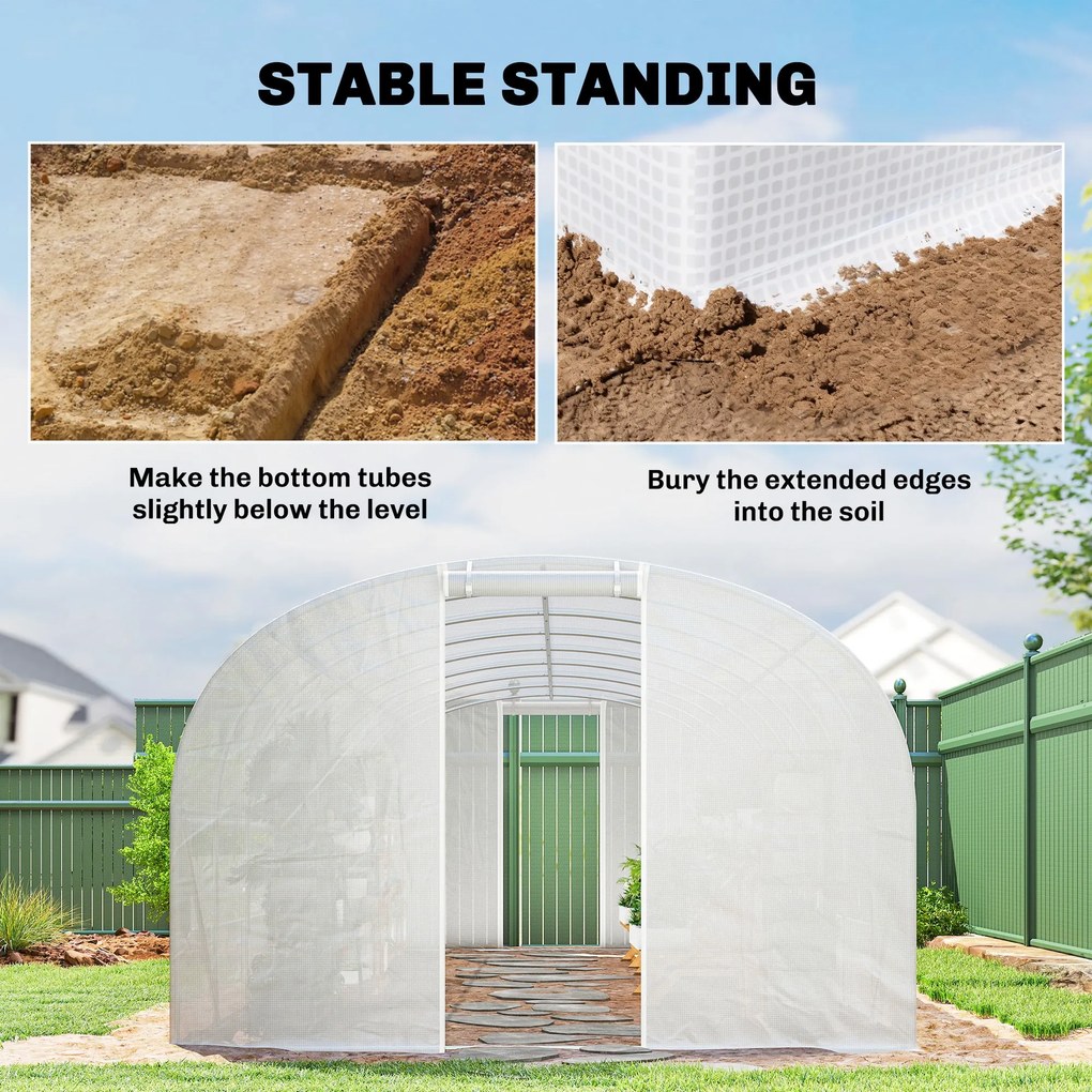 Outsunny tunelový skleník 24 m² — pozinkovaný ocelový rám, rolovací dveře a 2 velká síťovaná okna, plachta 140 g/m², bílá