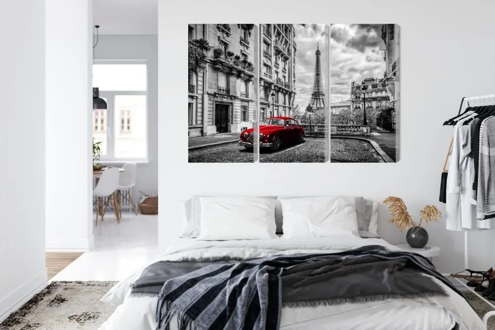 Vícedílný obraz Červené Retro Auto Na Pozadí Eiffelovy Věže Nedostatek Nedostatek Přírodní plátno 60x40