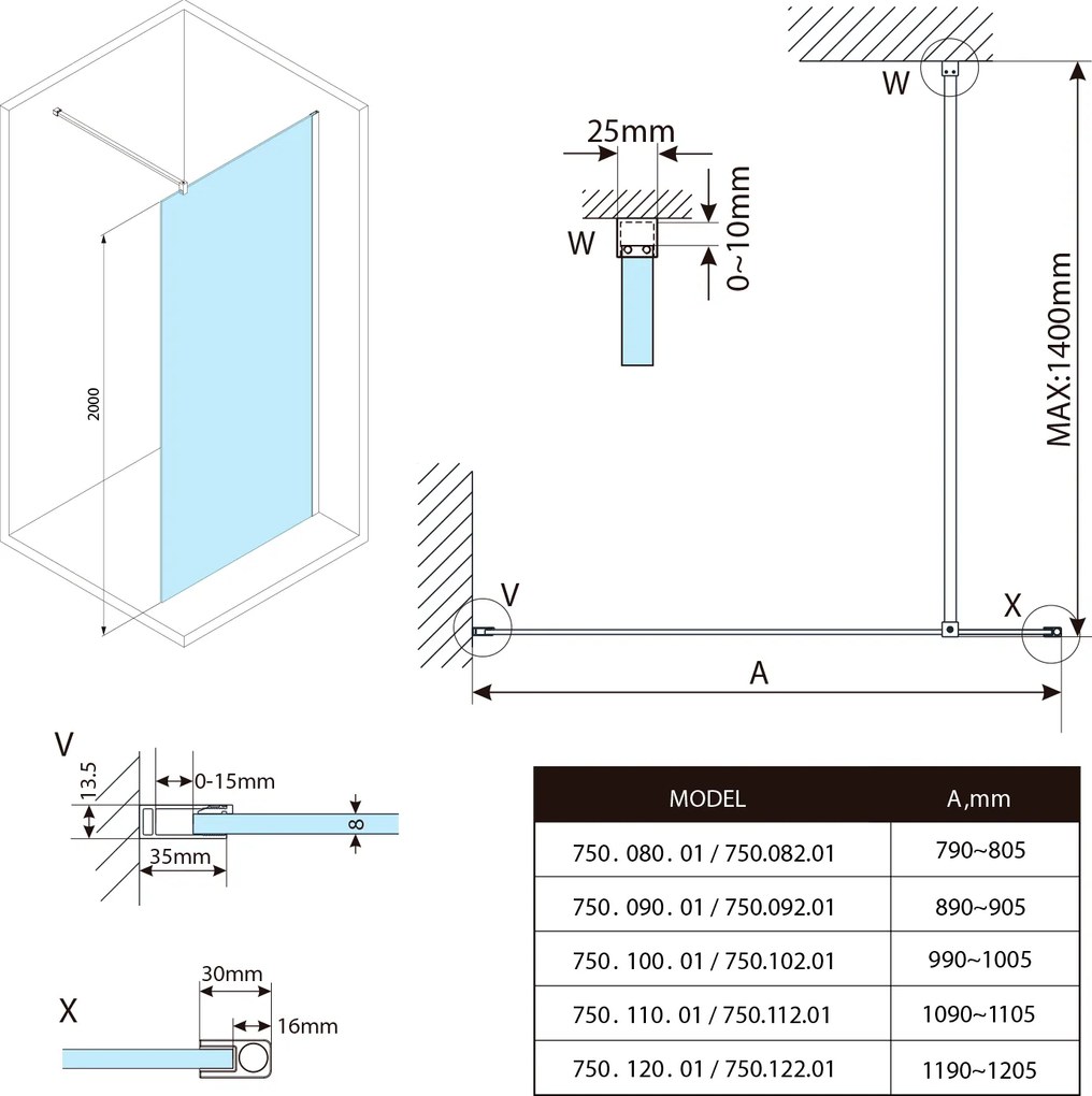 Bruckner Spitza sprchová zastěna WALK-IN 800 mm 750.080.1