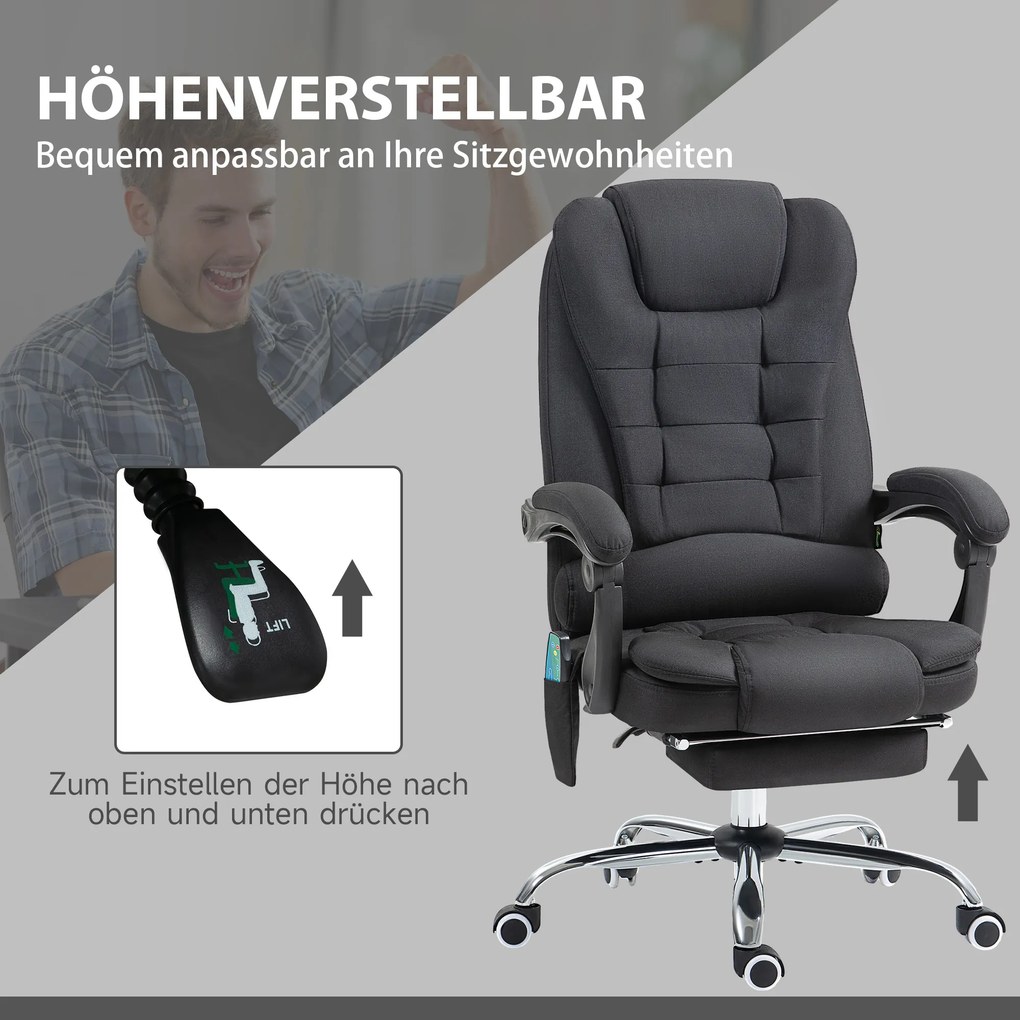Kancelářská židle Vinsetto s masážní funkcí, ergonomická kancelářská židle s polohováním a vyhříváním, výškově nastavitelná počítačová židle s podnož…