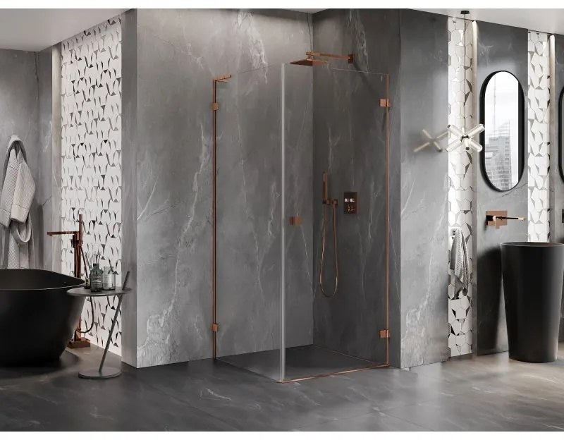 Mexen Lunar-B L výklopný sprchový kout pravý 80 x 80 cm, čiré sklo, růžové zlato, 832L-080-080-60-00-P