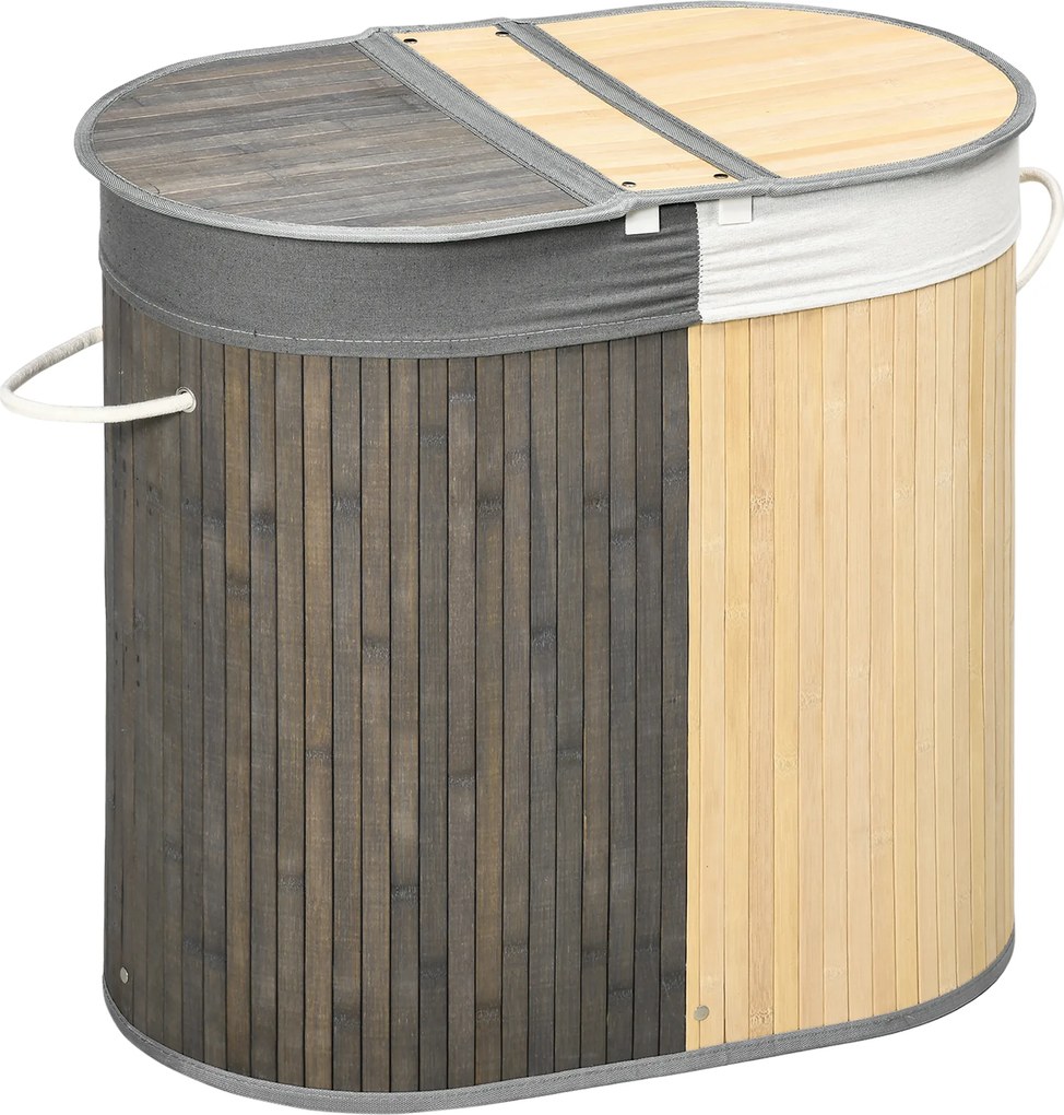 HOMCOM Koš na prádlo z bambusu s kapacitou 100L a víkem, s odnímatelným pytlem se 2 přihrádkami 62,5x37x60,5 cm Šedý a přírodní