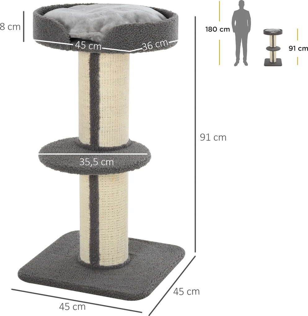 Škrabadlo PawHut pro kočky, stabilní škrabadlo s plošinou, sisal, nosnost 30 kg, šedé, pro aktivní hru a odpočinek | Aosom.de