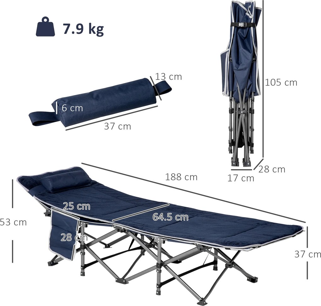 Kempingová postel, skládací kempinkové lůžko s polštářem, 188 x 64,5 x 53 cm, tmavě modrá
