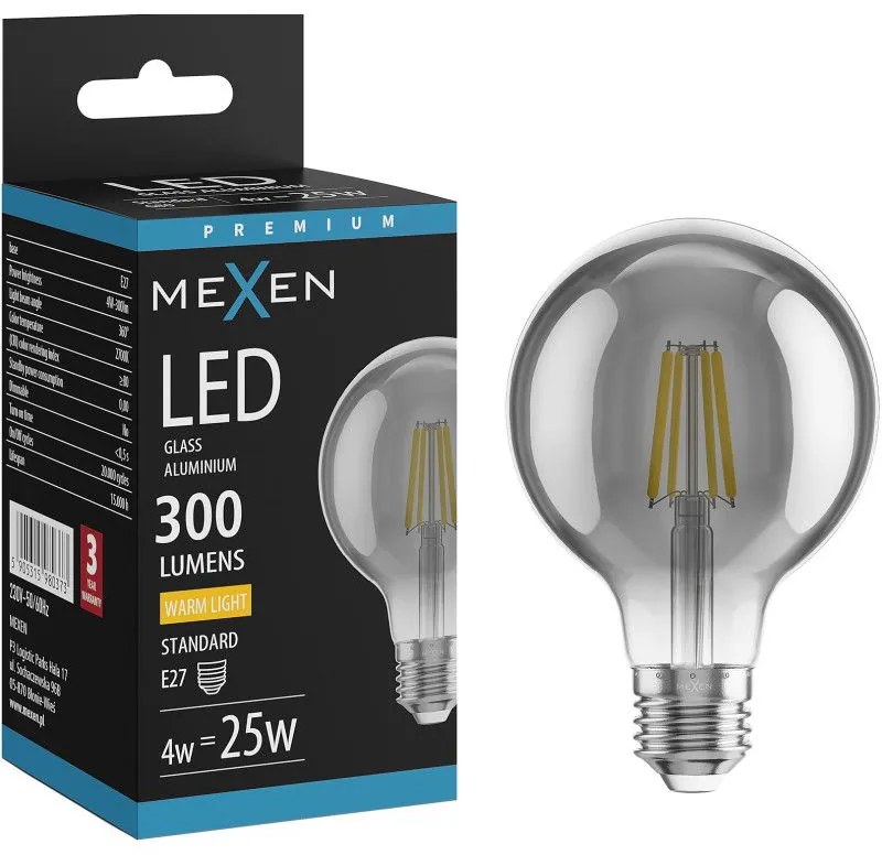 Mexen Vintis LED filamentová žárovka E27, G80, 4W, Teplá - 2700K, 300 lm, kouřová - L155-E27-0427-70