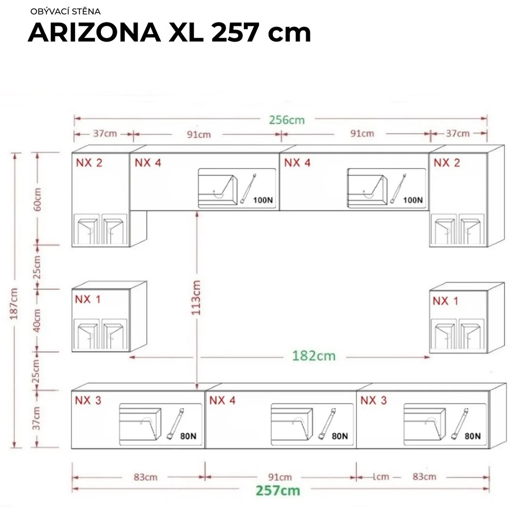 Ral Obývací stěna ARIZONA XL, 257 cm - Černý lesk