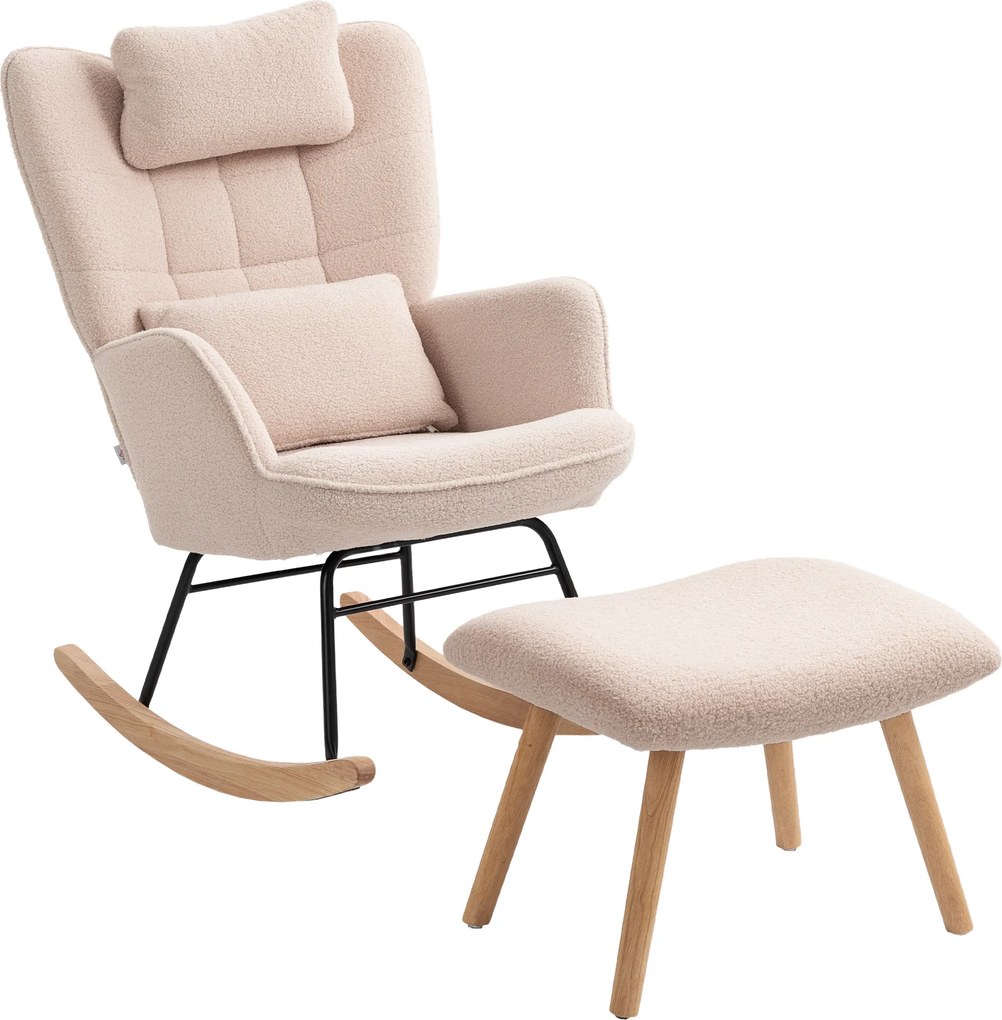 HOMCOM Houpací křeslo s podnožkou, měkký fleecový potah, dřevěné nohy, polštář, vysoké opěradlo, houpací křeslo, béžové