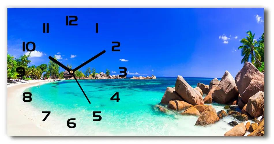 Wallmuralia Skleněné hodiny na stěnu tiché Pláž Seychely 60x30 cm