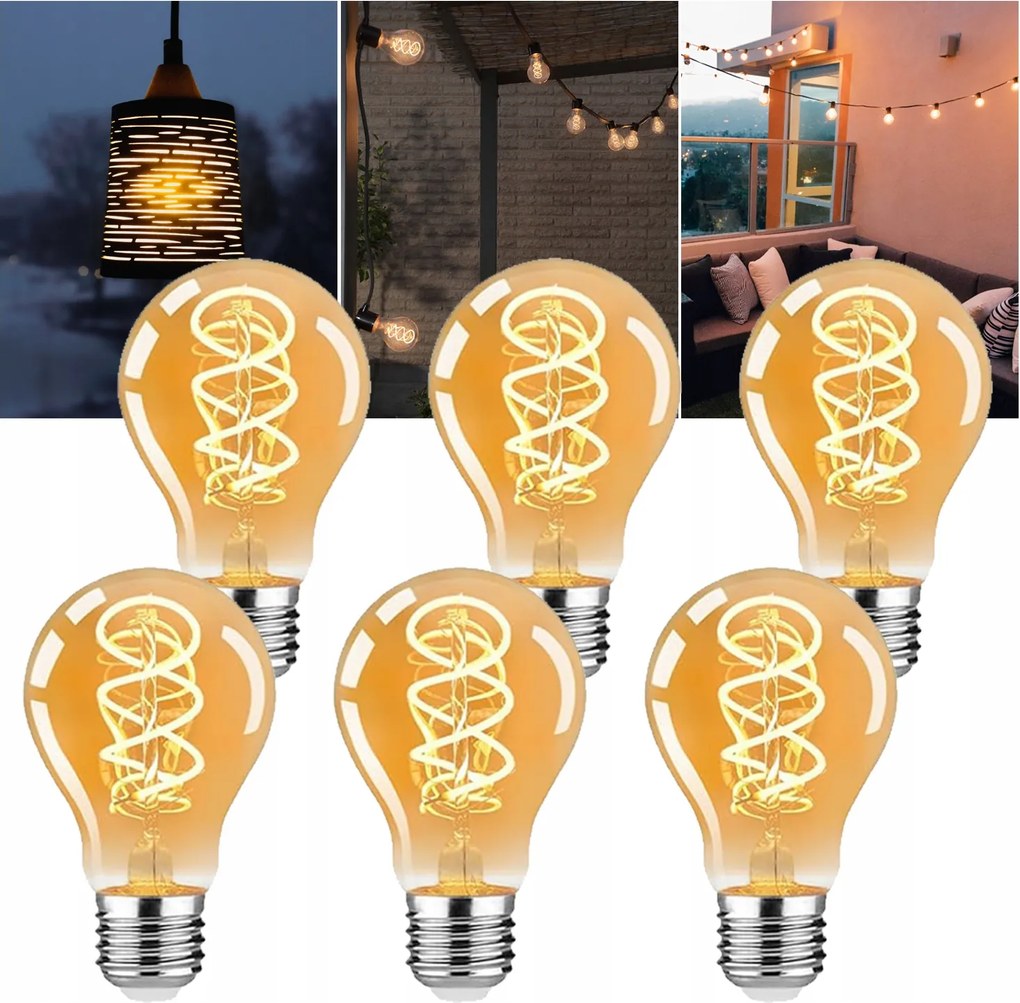 6 x ozdobná retro žárovka Drátek Edison E27 Amber