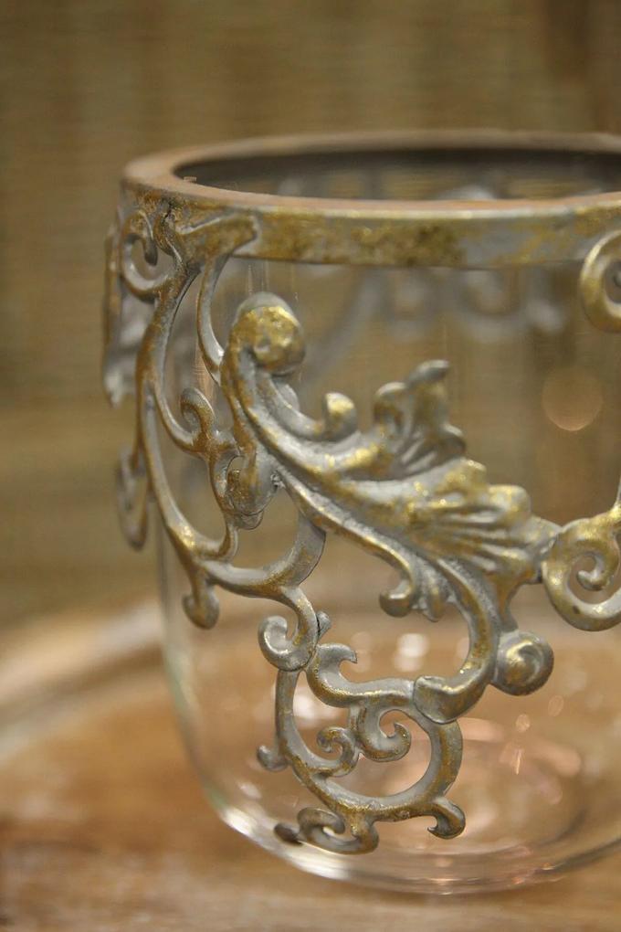 Skleněná nádoba s kovovým ornamentem 15cm