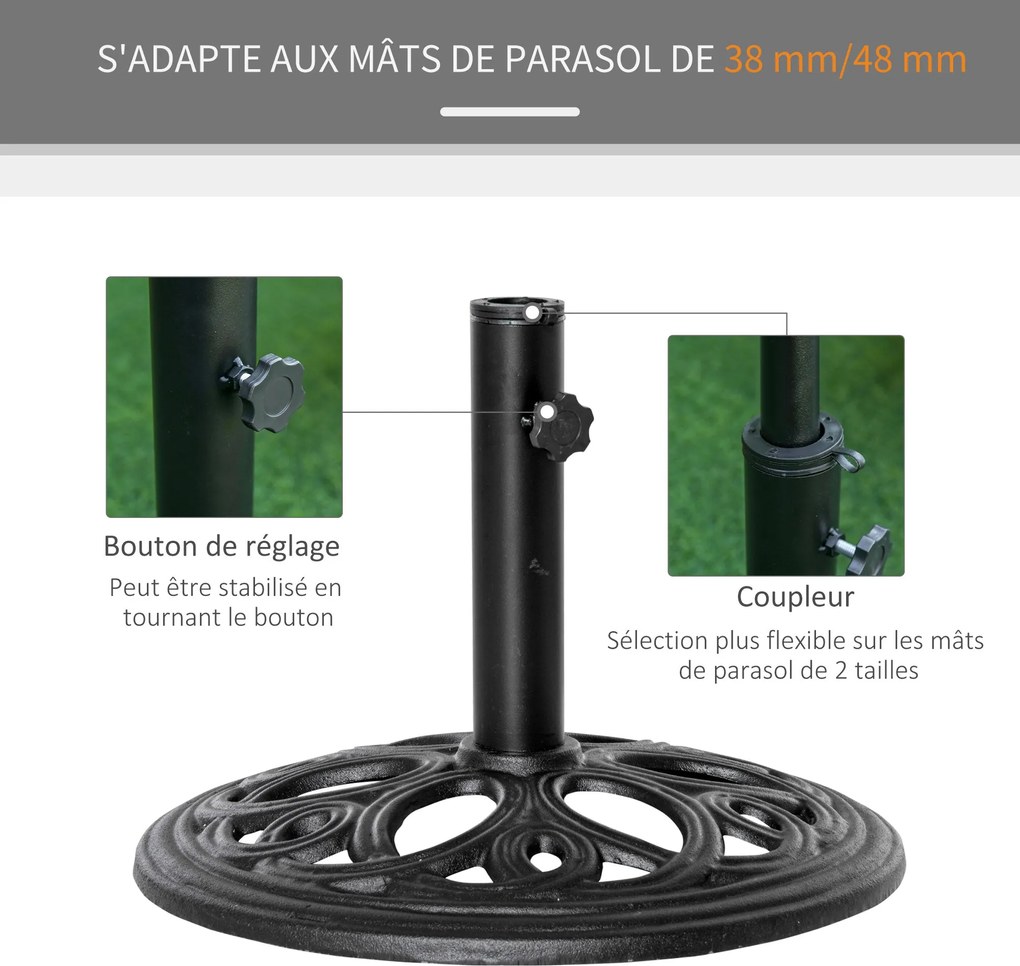 Kulatý základ slunečníku Outsunny 11,5 kg, venkovní kovový stojan na slunečníky pro průměr 38 a 48 mm, základna pro zahradní terasu, Ø 45 x 33,5 cm, Č