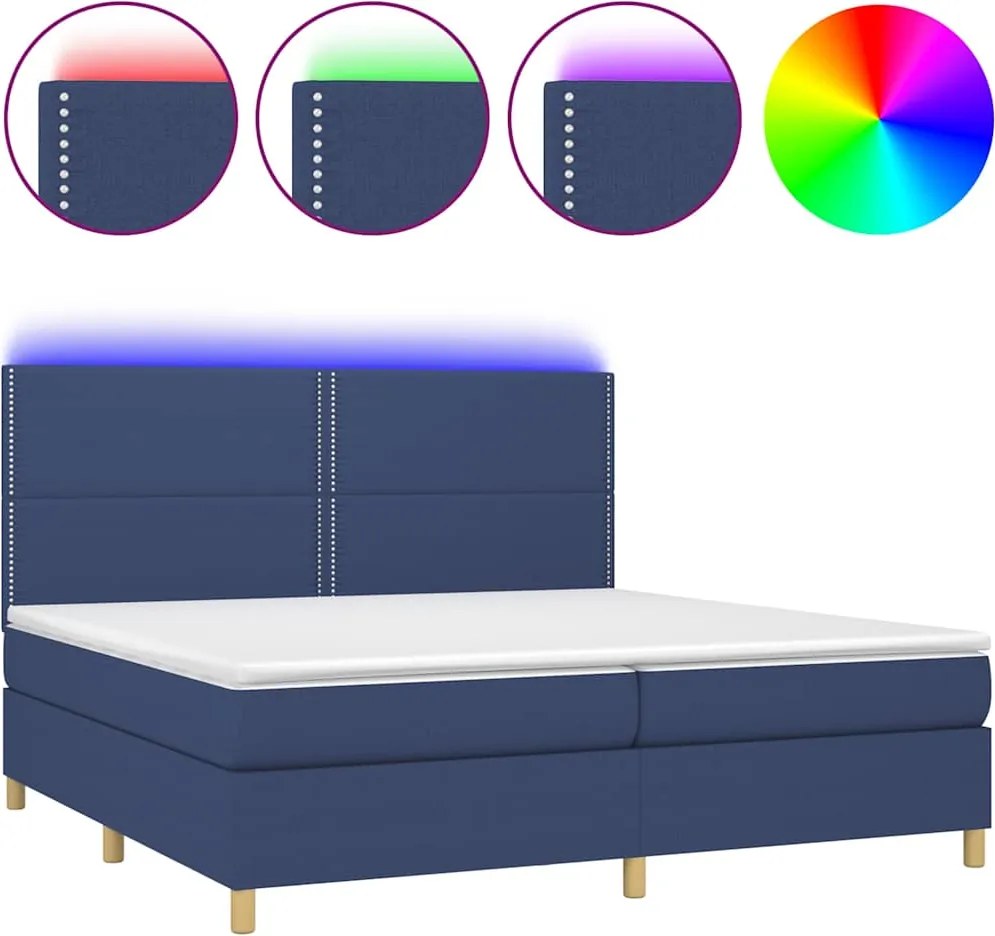 Box spring postel s matrací a LED modrá 200x200 cm textil 3135387