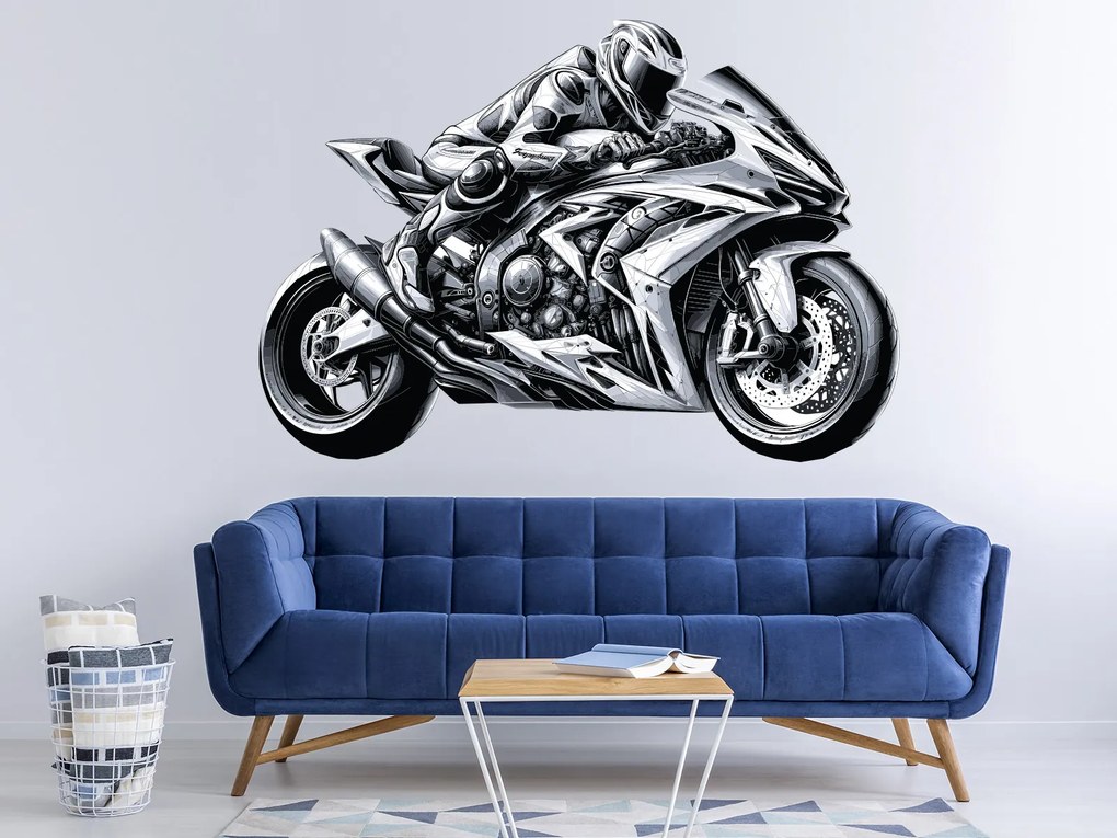Jezdec na motorce textilní přelepitelná samolepka na zeď arch 47 x 32 cm