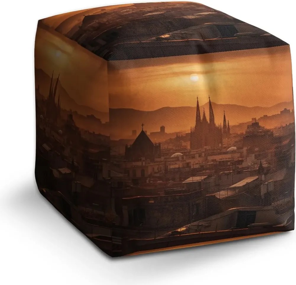 Sablio Taburet Cube Barcelona Night Skyline - 50x50x50 cm