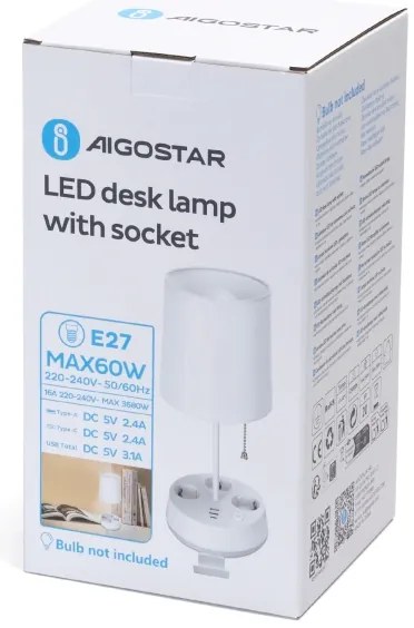 Aigostar - Stolní lampa se zásuvkami a USB porty 1xE27/60W/230V bílá