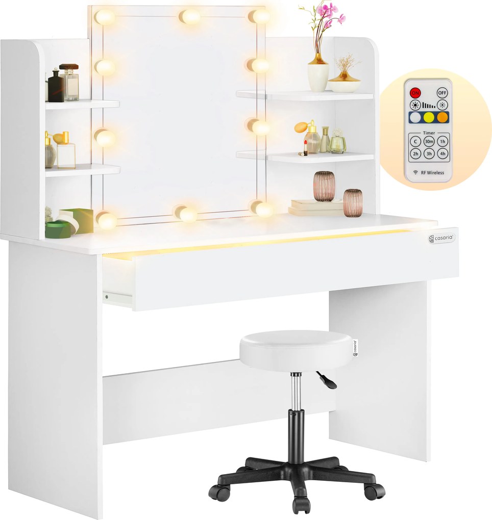 Toaletní stolek Lucia bílý 140x110x40cm s LED + Pojízdná stolička