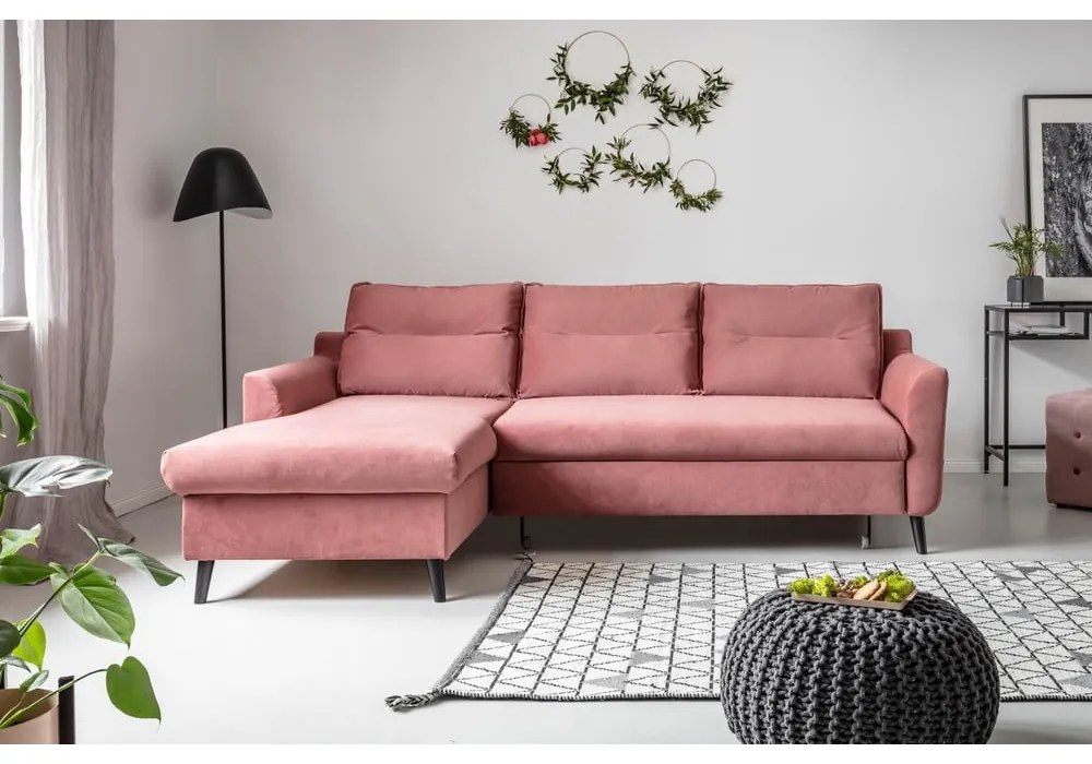 Růžová sametová rozkládací rohová pohovka Miuform Stylish Stan, levý roh
