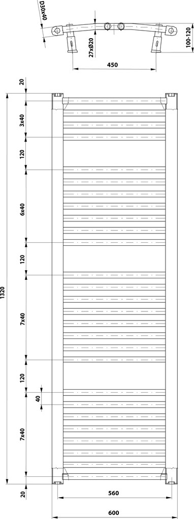 Aqualine Sapho, ORBIT otopné těleso s bočním připojením 600x1320 mm, 795 W, bílá