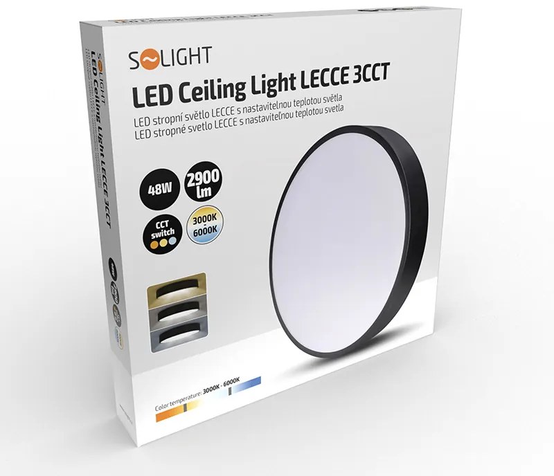 Solight LED stropní osvětlení LECCE, 3CCT, 48W, 2900lm, 40cm, 3000/4000/6000K, černá