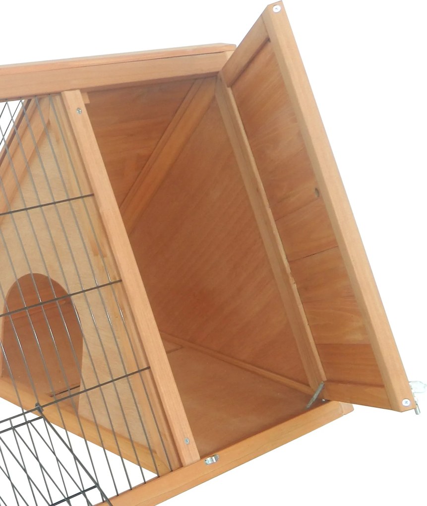 Triangulární králičí kotec PawHut z přírodního dřeva 116x62,2x52,5 cm s dveřmi a drátěnou síťkou