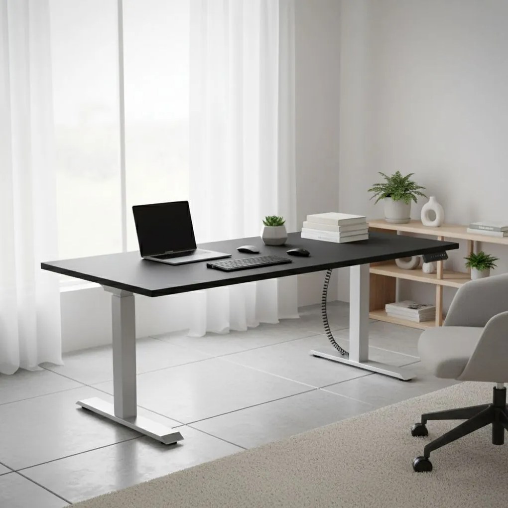 Výškově nastavitelný stůl OfficeTech D, 180 x 80 cm, šedá podnož, černá