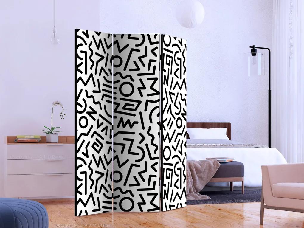 Pokojová zástěna Černo-bílý labyrint (3-dílný) - vzor v minimalistickém designu