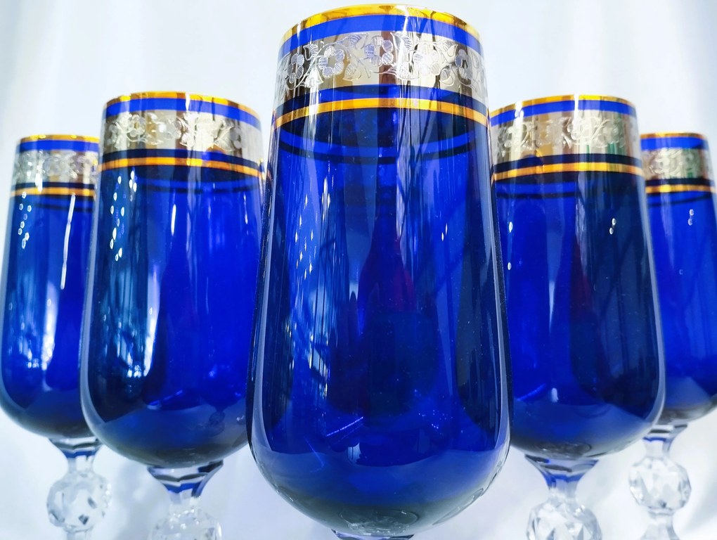 Sklenice na šampaňské Claudia zdobené 190 ml, 6 ks, 3 barvy - Modrá