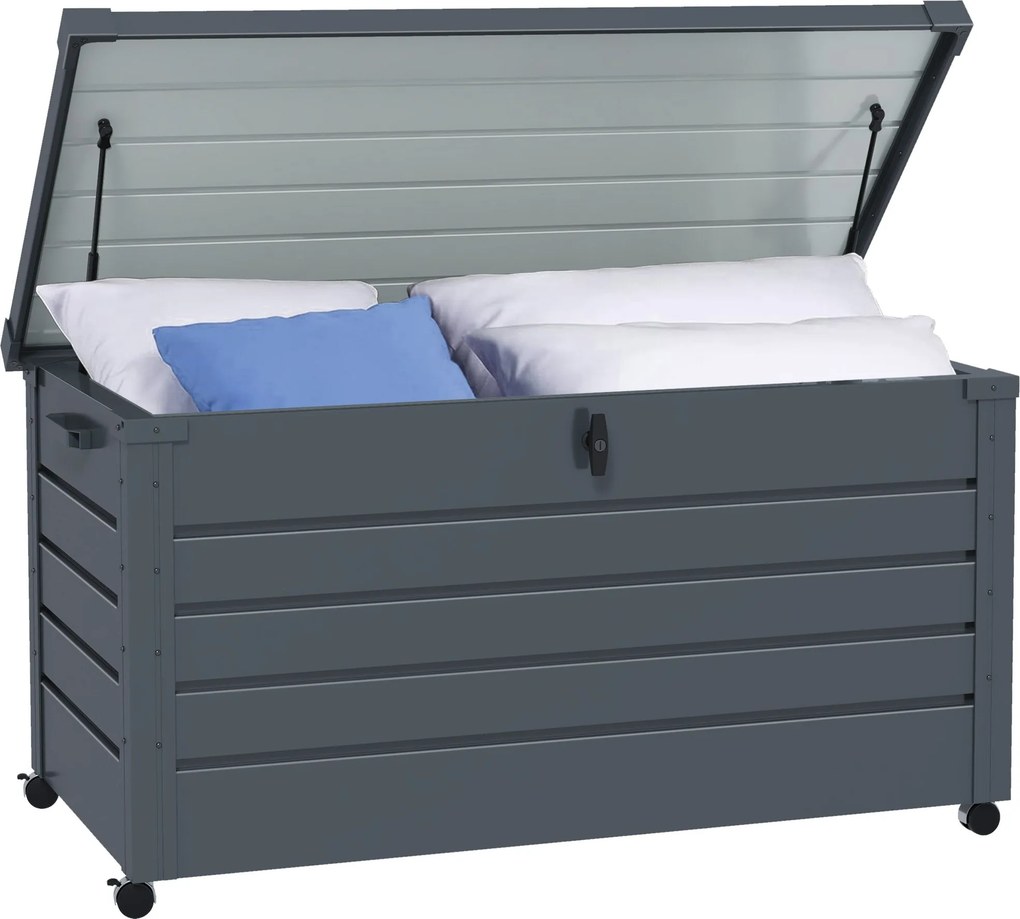 Outsunny 311 l Exteriérová úložná truhla z pozinkované oceli se 4 koly, 2 madly a 1 zámkem pro zahradu a patio 120x62x66 cm Tmavě šedá | Aosom