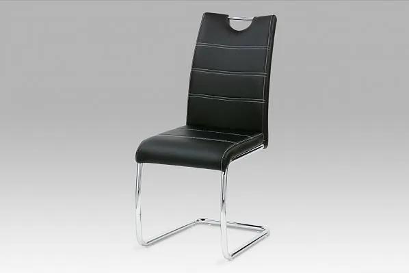 Jídelní židle, chrom/koženka černá s bílým prošitím