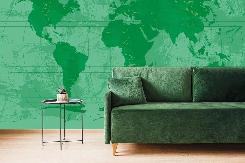 Samolepící tapeta rustikální mapa světa v zelené barvě - 225x150 cm