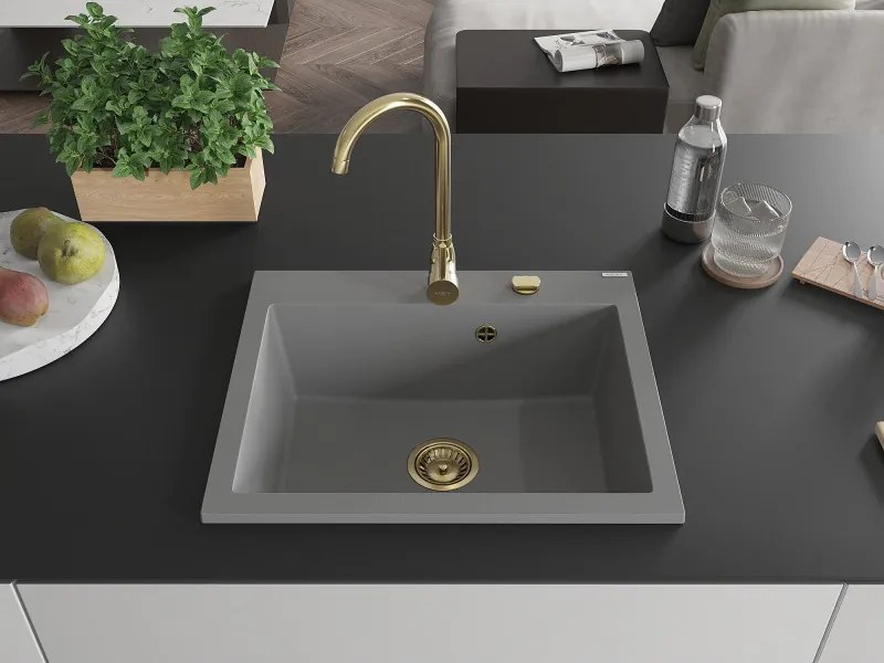 Mexen Elix, 1-komorový granitový dřez 600 x 500 mm, šedý, zlatý sifon - 6525601005-71-G