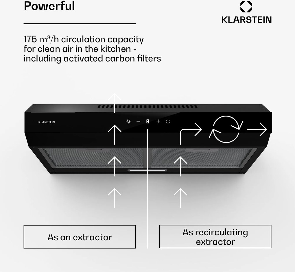 Klarstein Contempo Neo, digestoř, podskříňková, recirkulace, 175 m³/h, SenseControl, integrované dotykové ovládání, nerezavějící ocel / akrylátové sklo
