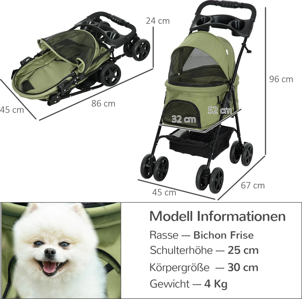 PawHut kočárek pro psy kočárek pro psy s funkcí skládání pro malé psy a kočky, kočárek pro kočky Oxford tmavě zelený 67x45x96 cm |