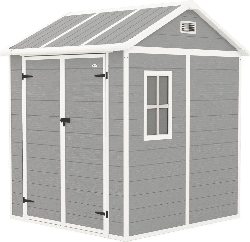 Zahradní kůlna Outsunny s povrchem připomínajícím staré dřevo, 2,91 m², s dvojitými dveřmi a zámkem, šikmou střechou, 181x181x220 cm, šedá | Aosom