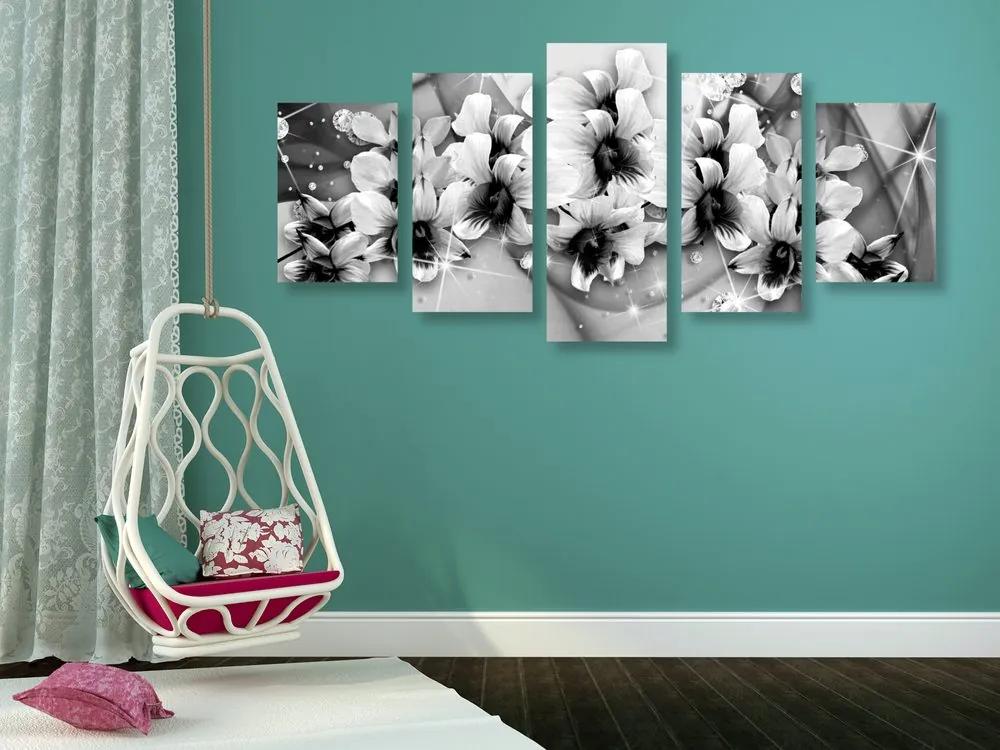 5-dílný obraz černobílé květiny na abstraktním pozadí Varianta: 100x50
