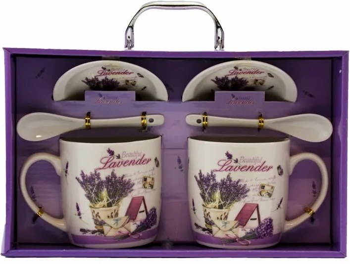 Dárková sada porcelánového hrnku s talířkem a lžičkou Beautiful Lavender, 2 ks