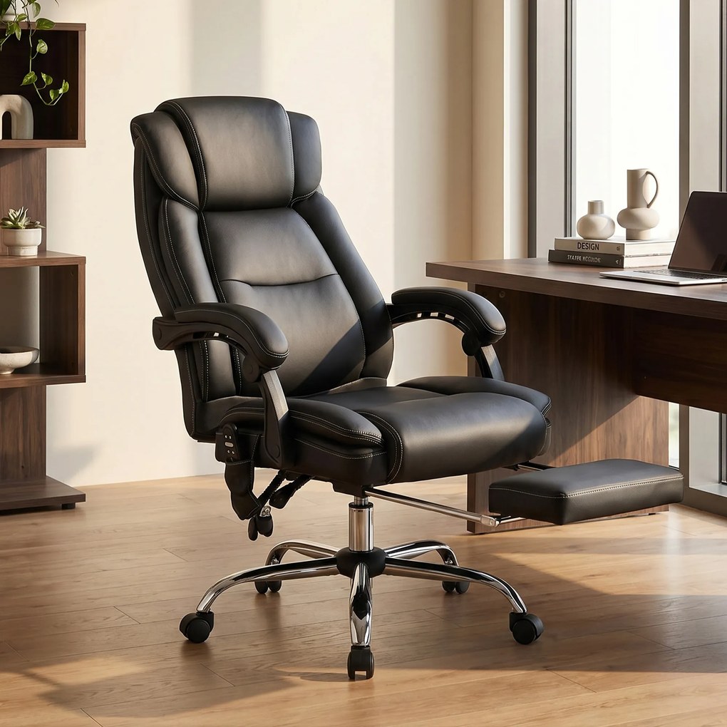 HOMCOM Ergonomická kancelářská židle s masážní funkcí, kancelářská židle s opěrkou nohou, černá umělá kůže