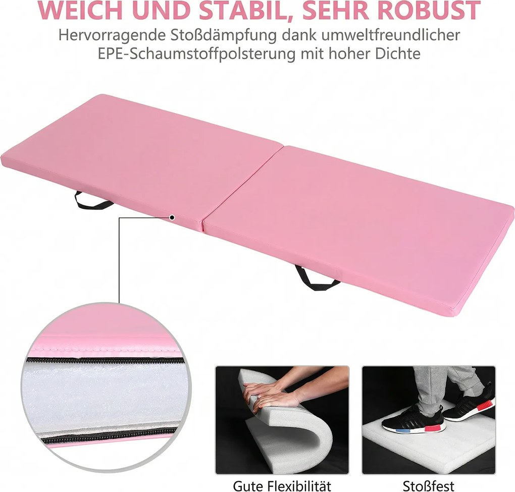 HOMCOM Skládací Cvičební Podložka pro Gymnastiku, Jógu a Pilates 180L x 60W x 5H cm Růžová