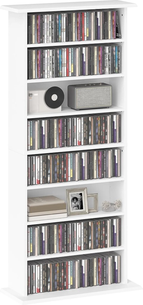 HOMCOM úložná jednotka na CD a DVD, multimediální úložná jednotka s 8 přihrádkami a 6 nastavitelnými policemi, maximální kapacita 360 CD/185 DVD a Blu