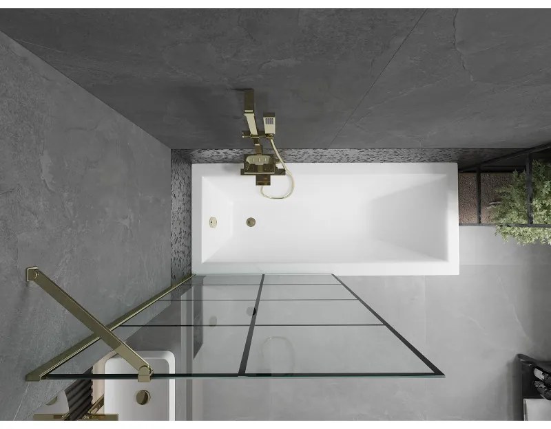 Mexen Next, vanová zástěna 1-křídlová 90 x 150 cm, fixní křídlo, 6 mm čiré sklo s černým vzorem, zlatý profil, 895-090-000-00-77-50