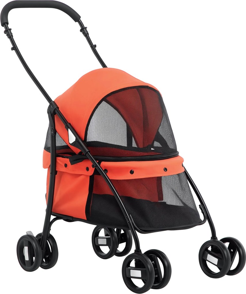 Skládací kočárek pro psy PawHut pro malé psy s síťovými okny, pratelný polštář, bezpečnostní popruhy, ocelový rám, nosnost 15 kg, červený | Aosom