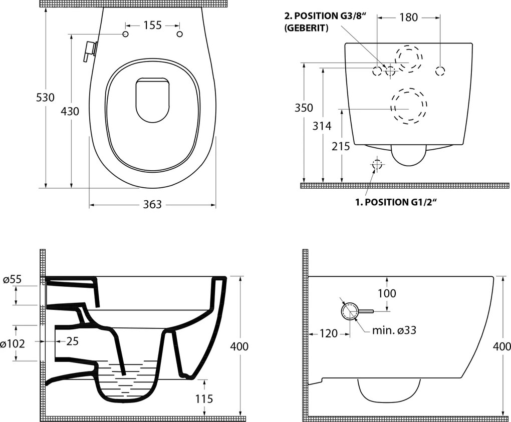Isvea Isvea, SENTIMENTI CLEANWASH závěsná WC mísa, integrovaný ventil a bidetová sprška, Rimless, 36x51cm, bílá, 10ARS1101I