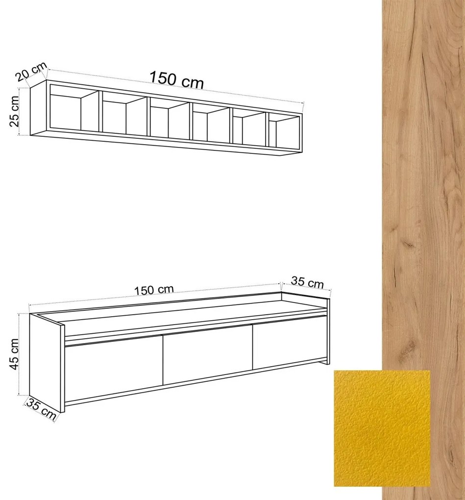 Obývací stěna AVAN 150 cm žlutá